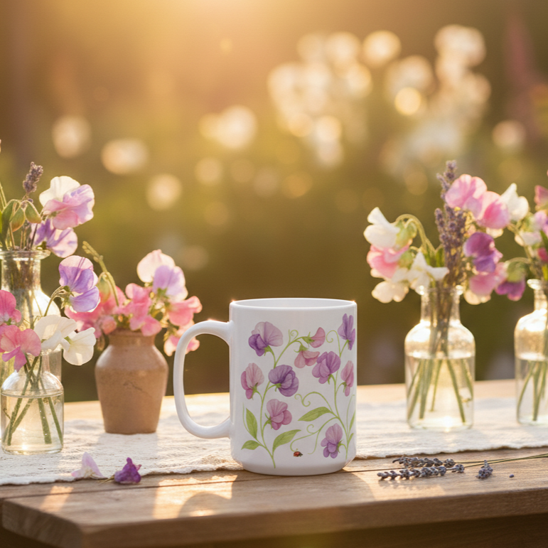 Sweet Peas Ceramic Mug 15oz – Floral Coffee Cup